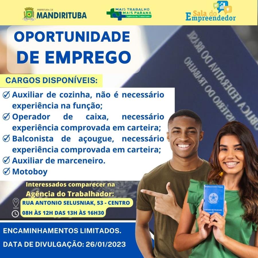 A agência do trabalhador anuncia abertura de vagas de emprego - Prefeitura de Mandirituba