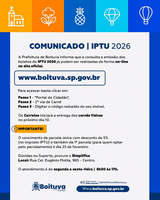 COMUNICADO | IPTU 2026 - Prefeitura de Boituva