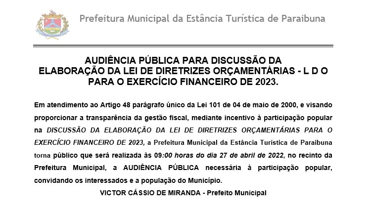 Edital de realização de Audiência Pública da Lei de Diretrizes ... Edital de realização de Audiência Pública da Lei de Diretrizes ...